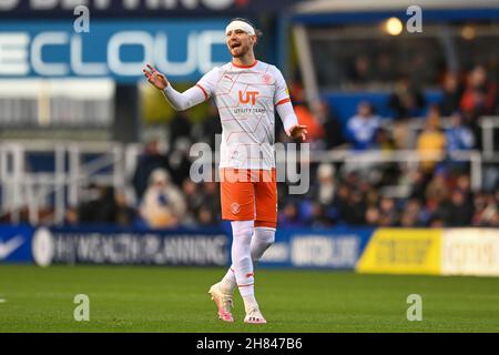James Husband #3 of Blackpool gives his team instructions in, on 11/27 ...
