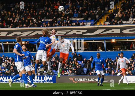 Callum Connolly #2 of Blackpool and Dion Sanderson #21 of Birmingham ...