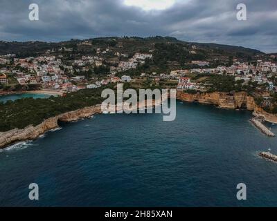 Aerial panoramic view over Votsi Beach in Alonnisos island. Sporades ...