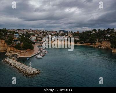 Aerial panoramic view over Votsi Beach in Alonnisos island. Sporades ...