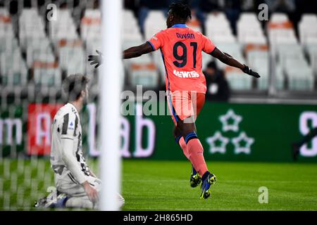 Duvan Zapata of Atalanta celebrates after scoring to give the side a 2 ...