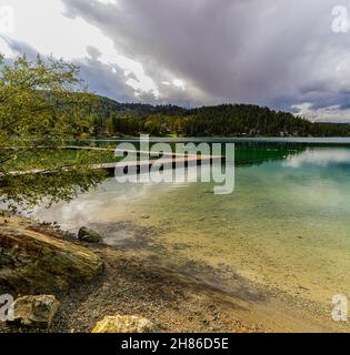Fishing Pier Extending Onto Foys Lake, Kalispell, Montana, USA Stock ...