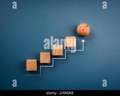 wooden blocks arranged stairs. concept curved line of arrow rising step ...
