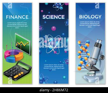 Science vertical banners set with research laboratory symbols isometric ...