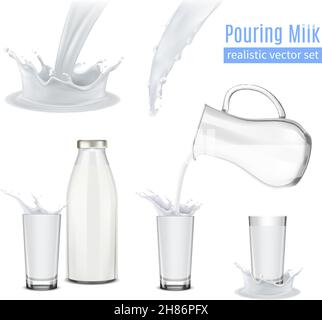 Pouring milk with splashes realistic icons set with glass jug bottle ...
