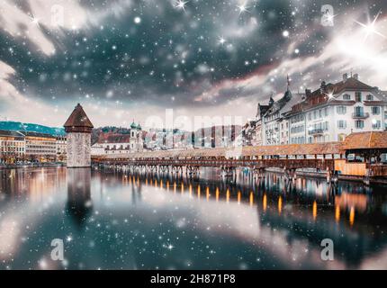 heavy snowfall in Lucerne, Switzerland on a winter night Stock Photo ...