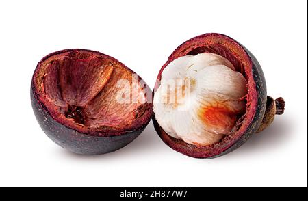 Whole and opened mangosteen with shells isolated on white background ...