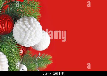 Christmas card banner with a green branch of a Christmas tree with red ...