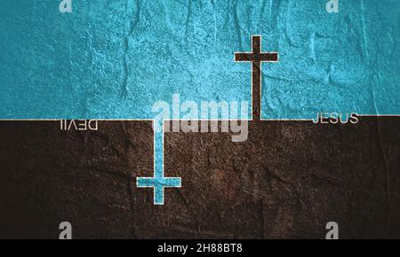 Jesus vs Devil. Confrontation of well and evil. Cross and text. Thin ...