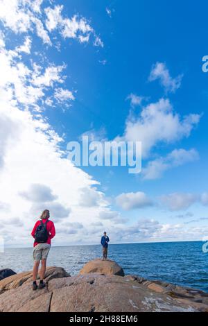 Halmstad: rock island in Steningestrand, tourists, family, Kattegat sea ...
