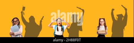 Three cute schoolgirls with books dreaming about graduation Stock Photo ...