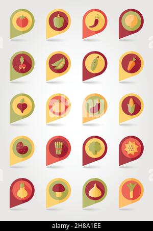 Vegetable mapping pins icons with long shadow, eps 10 Stock Vector ...
