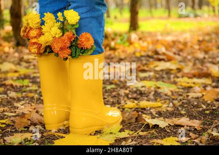 Female legs with beautiful chrysanthemum flowers, notebook and cup of ...