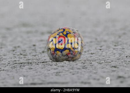 A Nike match ball in the snow during the Premier League match at the ...