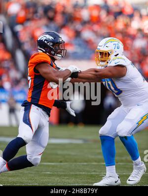 Tackle (70) Rashawn Slater of the Los Angeles Chargers blocks against ...