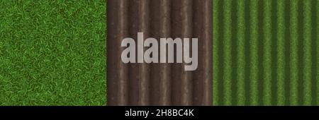 Game textures of green lawn, plowed farm field and grass meadow ...