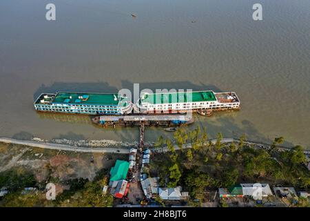 Aerial View of the Char Fasson river port on the bank of Meghna River ...