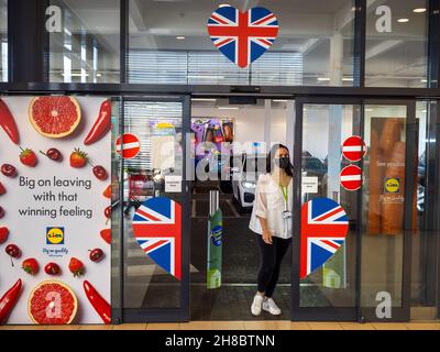 Heart shaped British flags greet shoppers arriving at the Lidl store on ...