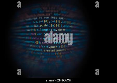 Programming html application code running down a computer screen Stock ...