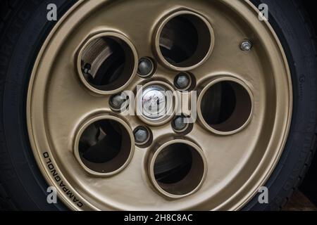 Close up detail of the Campagnolo alloy wheel and arch on a silver ...