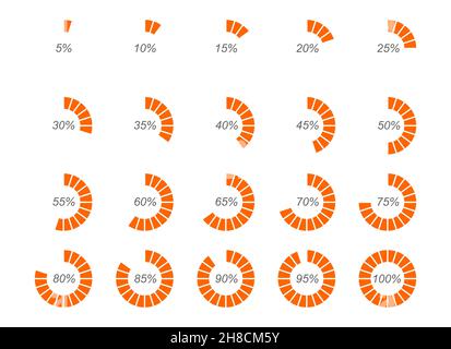 Round loading bars with percentage numbers divided on segments from 1 ...