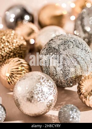 Composition with different Christmas decor on red background Stock ...