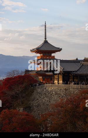 Three-storied Pagoda seen inside Kiyomizu-dera Buddhist temple in Kyoto ...