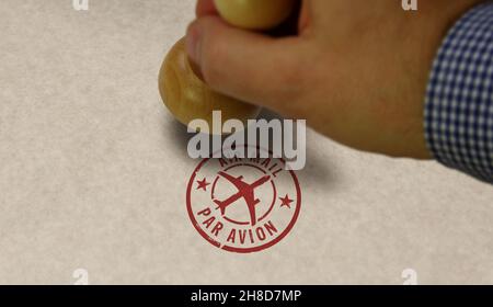 Air Mail stamp and stamping hand. Retro par avion post letter delivery ...