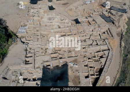 Yavne. 29th Nov, 2021. Aerial photo shows an excavation site in central ...