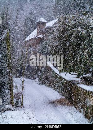 Snow covered landscape at St John's Chapel in Matlock Bath in the ...
