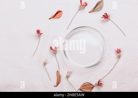 Abstract cosmetic laboratory. white background organic flax. Natural ...