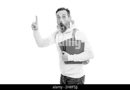 mature man inspired with idea hold book or notebook for education ...