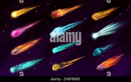 Falling, shooting stars, meteorites and comets with tails vector icons ...