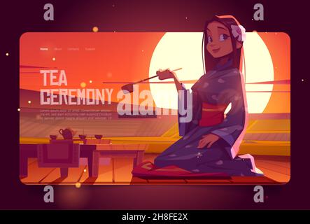 Tea ceremony cartoon landing page, asian woman wear traditional kimono ...