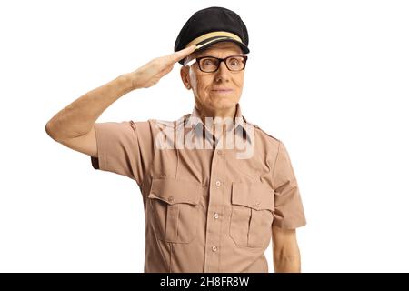Old man saluting with his cap, isolated on black Stock Photo - Alamy