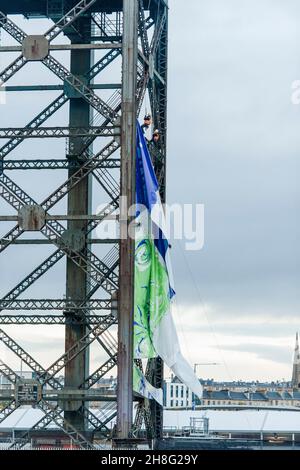 A protesters flag is taken down from Finniston crane near the site of ...