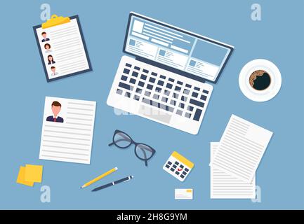 Designed by human resources meeting. Top view of a table, laptop ...