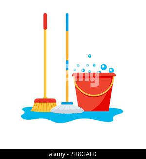 Assorted cleaning items set with brooms, bucket, mops, spray, brushes ...