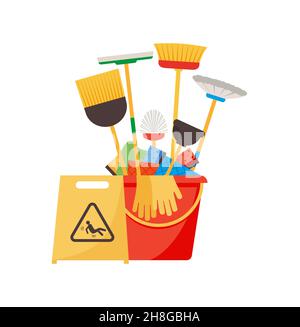 Assorted cleaning items set with brooms, bucket, mops, spray, brushes ...