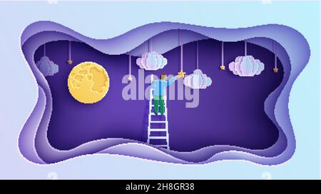 Man on a ladder to pick the star above cloud and red 3d rocket in paper ...