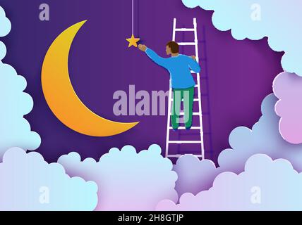 Man on a ladder to pick the star above cloud and red 3d rocket in paper ...