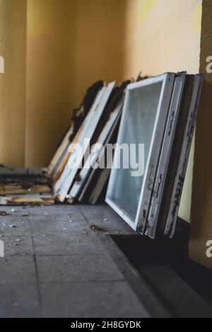 Replacement of old windows in section of apartment building Stock Photo ...