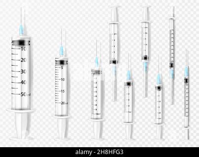 Syringes set. Medical plastic syringes of different sizes. Subcutaneous ...