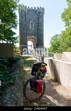 France, Ardeche, ViaRhôna, Rochemaure, cyclist crossing the Rochemaure ...