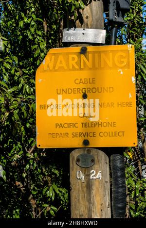 An old Pacific Telephone underground cable warning sign in Stanislaus ...
