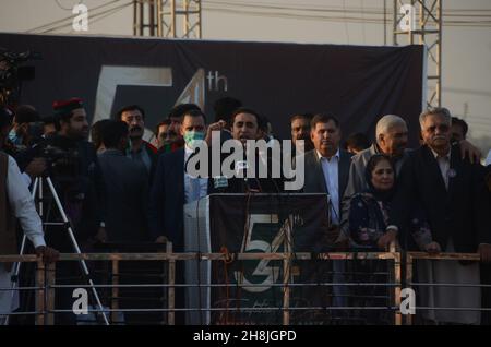Peshawar, Pakistan. 30th Nov, 2021. PPP Chairman Bilawal Bhutto-Zardari ...