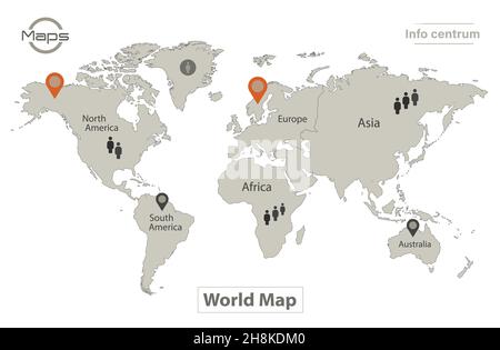World continents map, separate individual continent with names, color ...