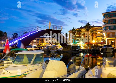 French town of Frejus overlooking embankment and marina at dusk Stock ...