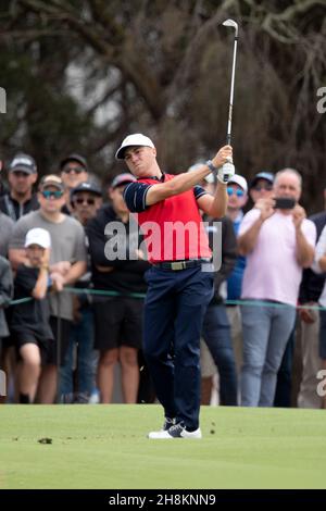 Justin Thomas hits his tee shot on the 12th hole during the first round ...