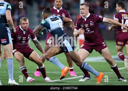 NSW Blues Josh Addo-Carr (centre) during a team training session at ...